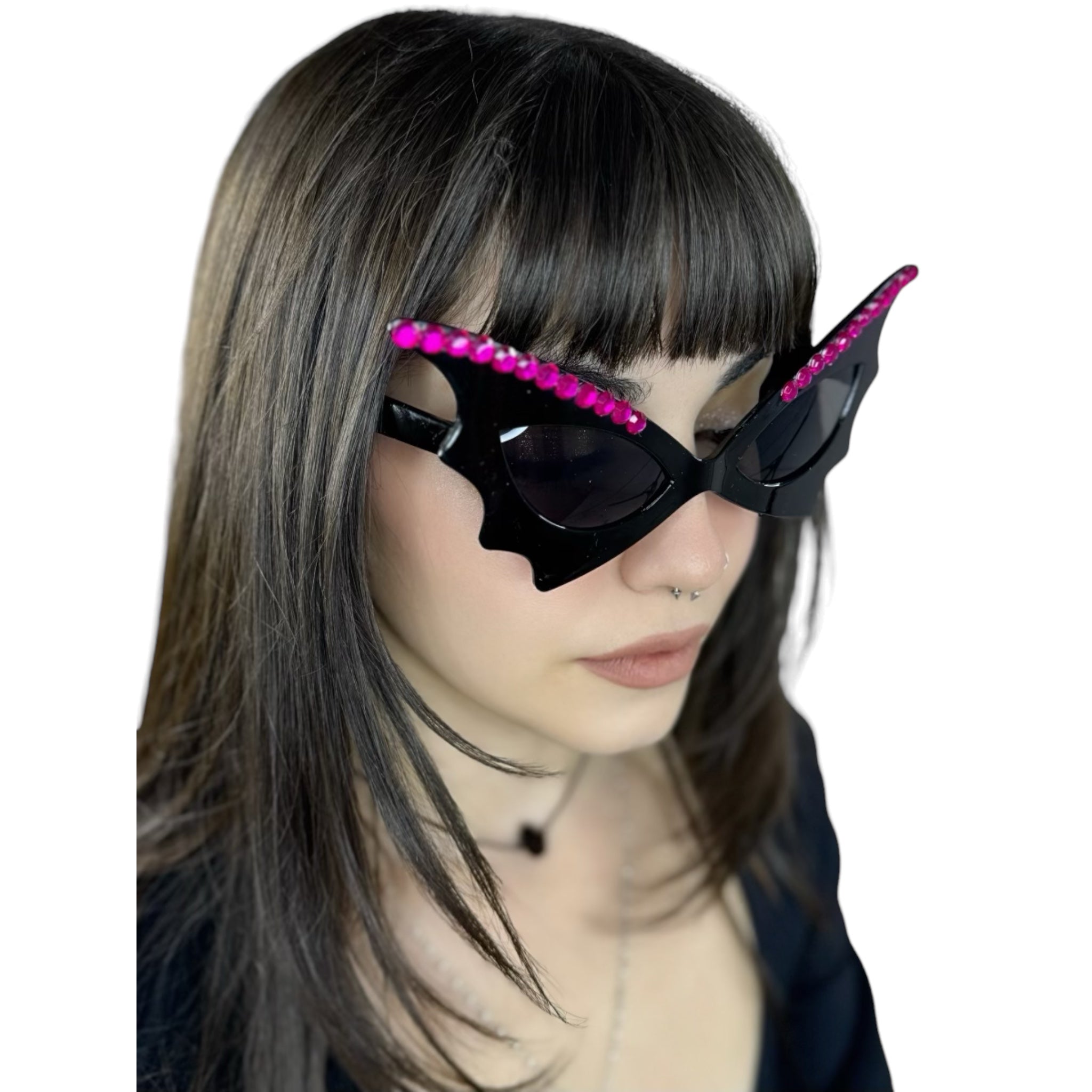 BAT OVERSIZED RHINESTONE SUNGLASSES BLACK/PINK BAT OVERSIZED RHINESTONE SUNGLASSES BLACK/PINK